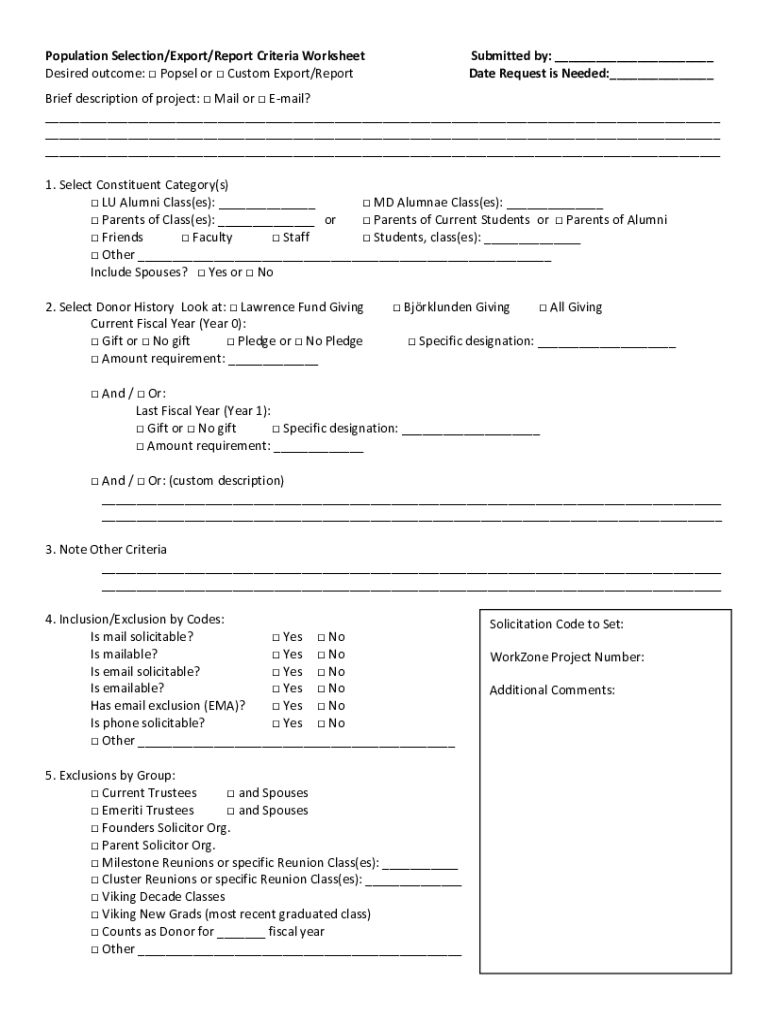 Fillable Online Population Selection/Export/Report Criteria Worksheet Fax Email Print - pdfFiller