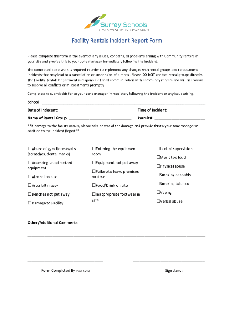 Fillable Online Facility Rentals Incident Report Form Fax Email Print ...