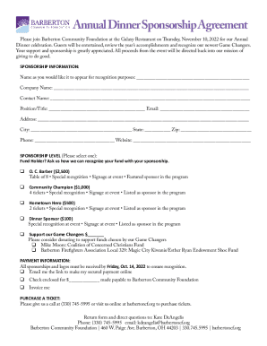 Fillable Online Annual Dinner Sponsorship Agreement Fax Email Print ...