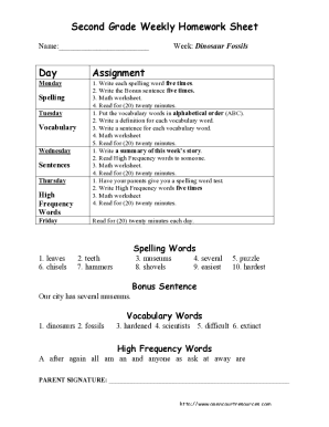 Fillable Online Second Grade Weekly Homework Sheet Day Assignment Fax ...