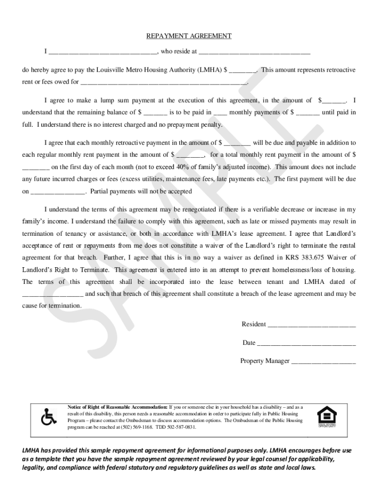 Fillable Online LMHA has provided this sample repayment agreement for ... Fax Email Print ...