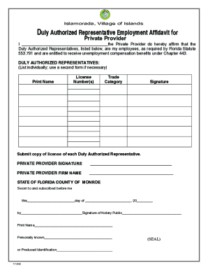 Fillable Online Duly Authorized Representative Employment Affidavit for ...