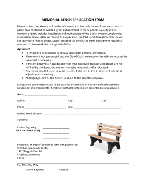 Fillable Online MEMORIAL BENCH APPLICATION FORM Fax Email Print - pdfFiller