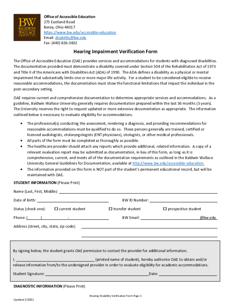 Fillable Online Hearing Impairment Verification Form Fax Email Print ...