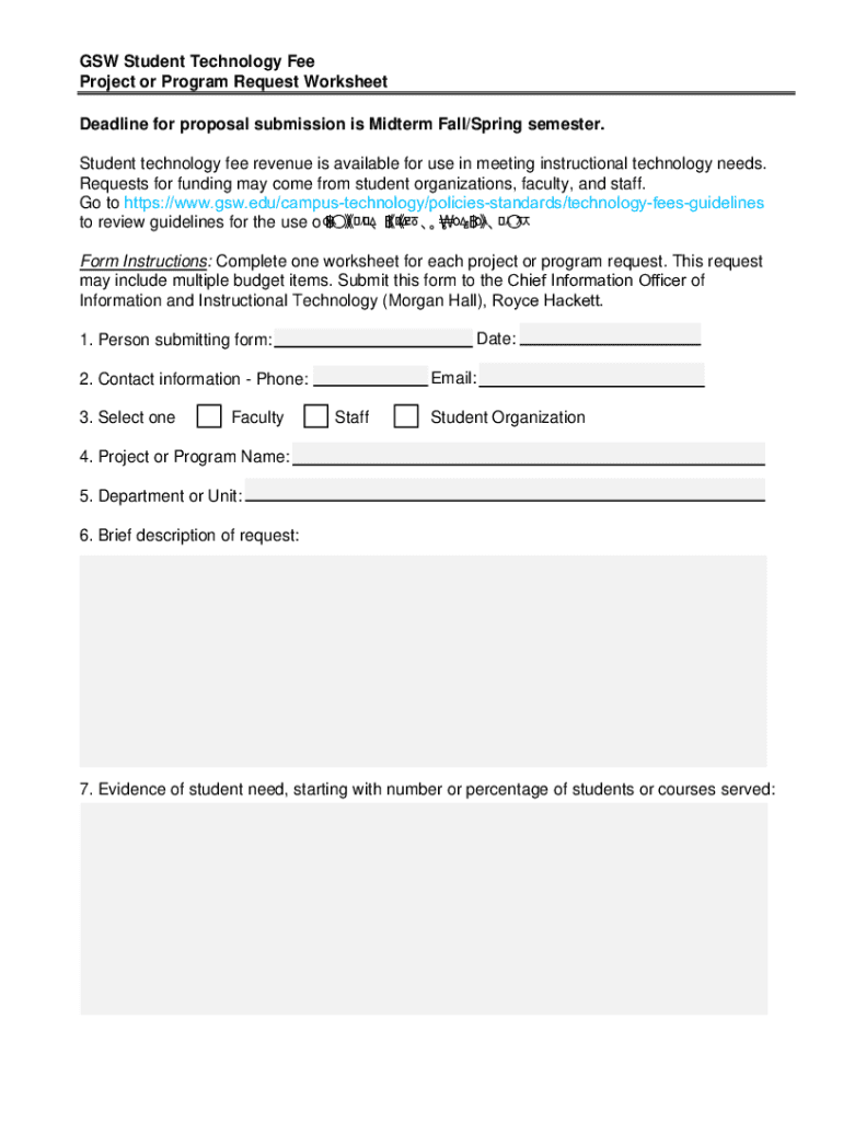 Fillable Online GSW Student Technology Fee Project or Program Request ...