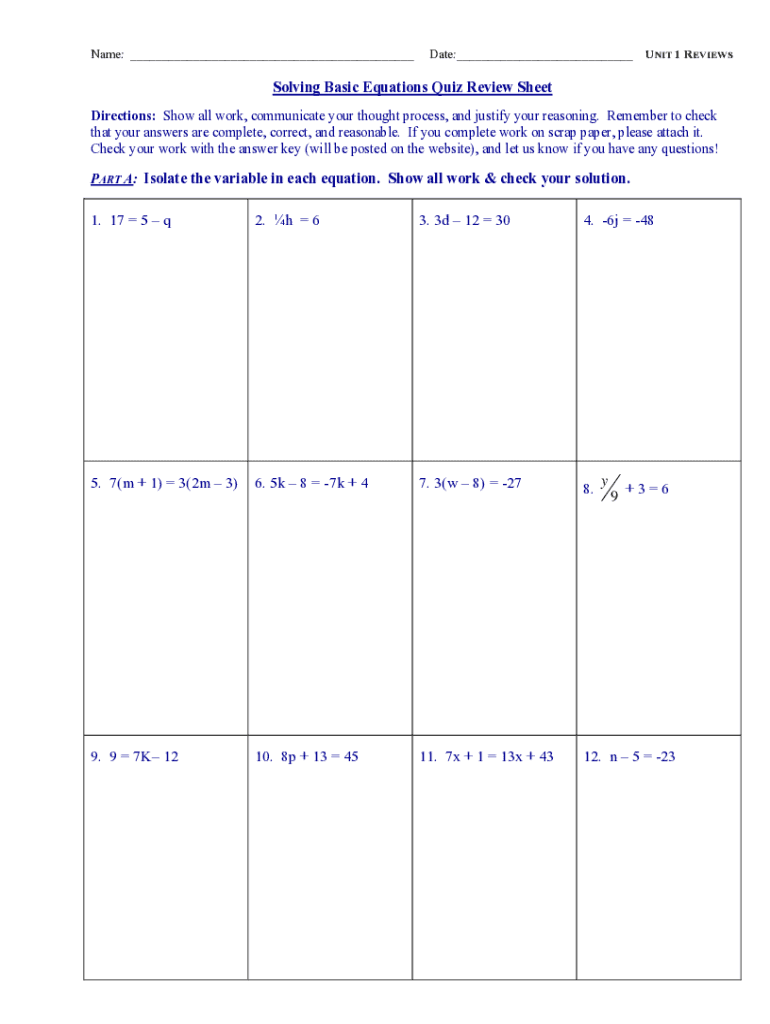 Fillable Online Solving Basic Equations Quiz Review Sheet PART A Fax Email Print - pdfFiller