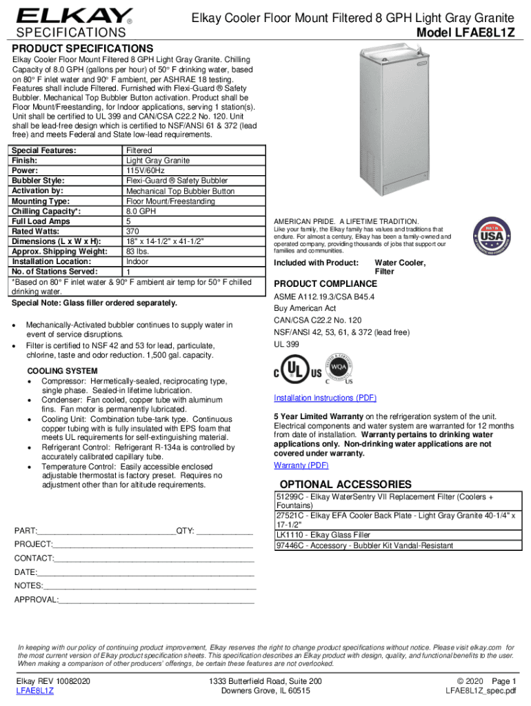 Fillable Online SPECIFICATIONS Elkay Cooler Floor Mount Filtered 8 ...