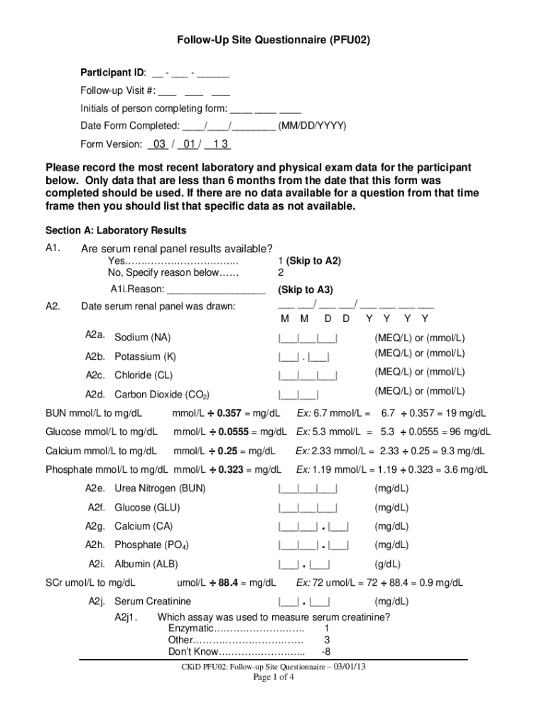 Fillable Online Post CKiD Follow Up Site Questionnaire (PFU02) Form Version Fax Email Print ...