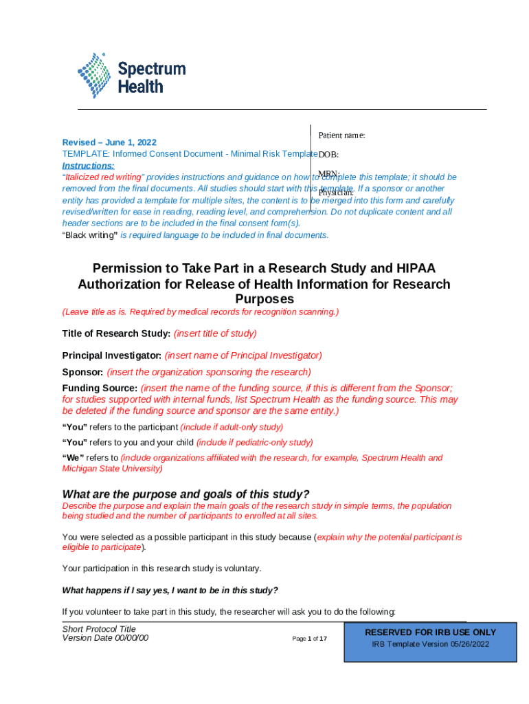 TEMPLATE: Ined Consent Document - Minimal Risk Template Doc Template ...