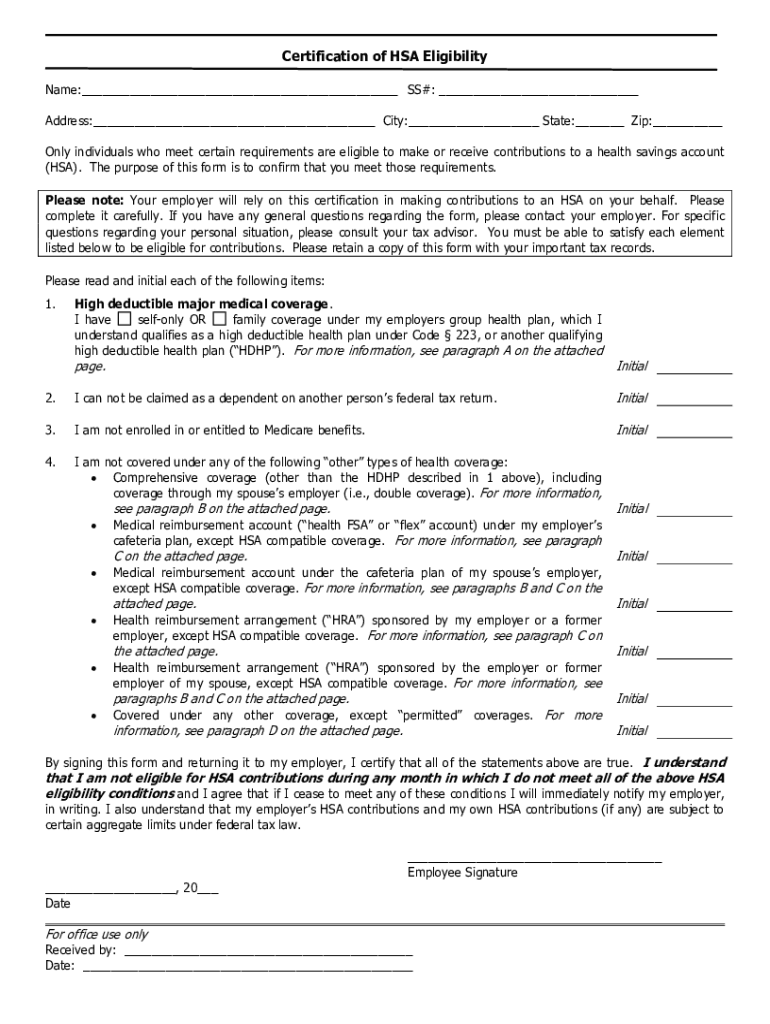 Fillable Online Sample Certification of HSA Eligibility Fax Email Print ...