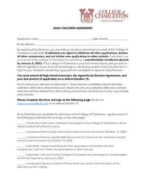 Fillable Online EARLY DECISION AGREEMENT Applicant's name Fax Email ...