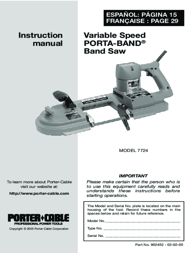 Fillable Online Porter-Cable 726Type3 Porta Band Vs Speed Portable ...