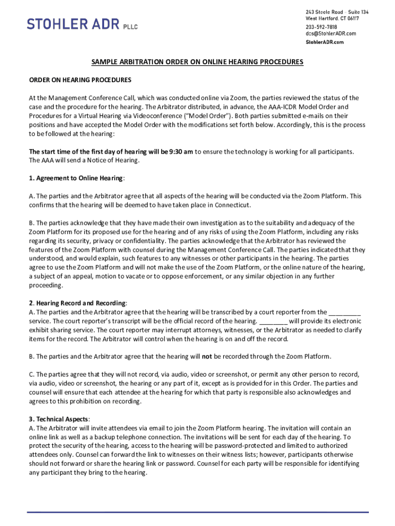 Fillable Online SAMPLE-ARBITRATION-ORDER-ON-ONLINE-HEARING- ... Fax ...