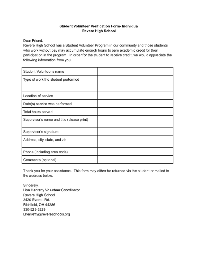 Fillable Online Student Volunteer Verification Form- Individual Fax ...