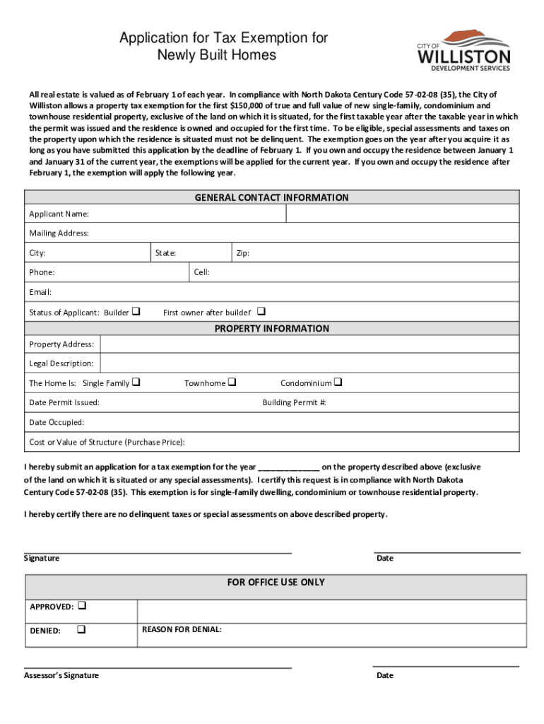 Fillable Online Application for Tax Exemption for Newly Built Homes Fax ...