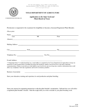 Fillable Online TEXAS DEPARTMENT OF AGRICULTURE - Application to the ...
