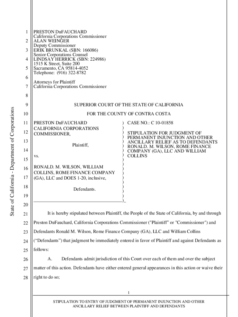 Fillable Online California Department of Corporations-Stipulation to ...