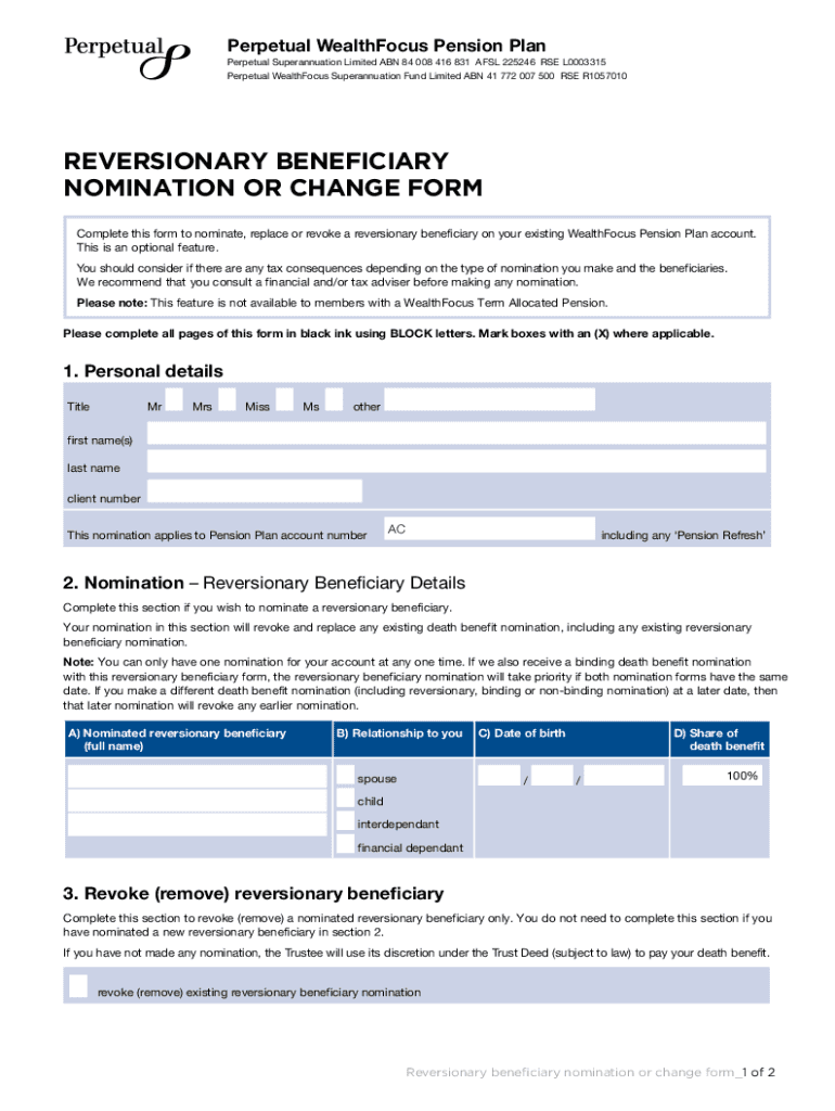 Fillable Online Reversionary Beneficiary Nomination or Change Form Fax ...