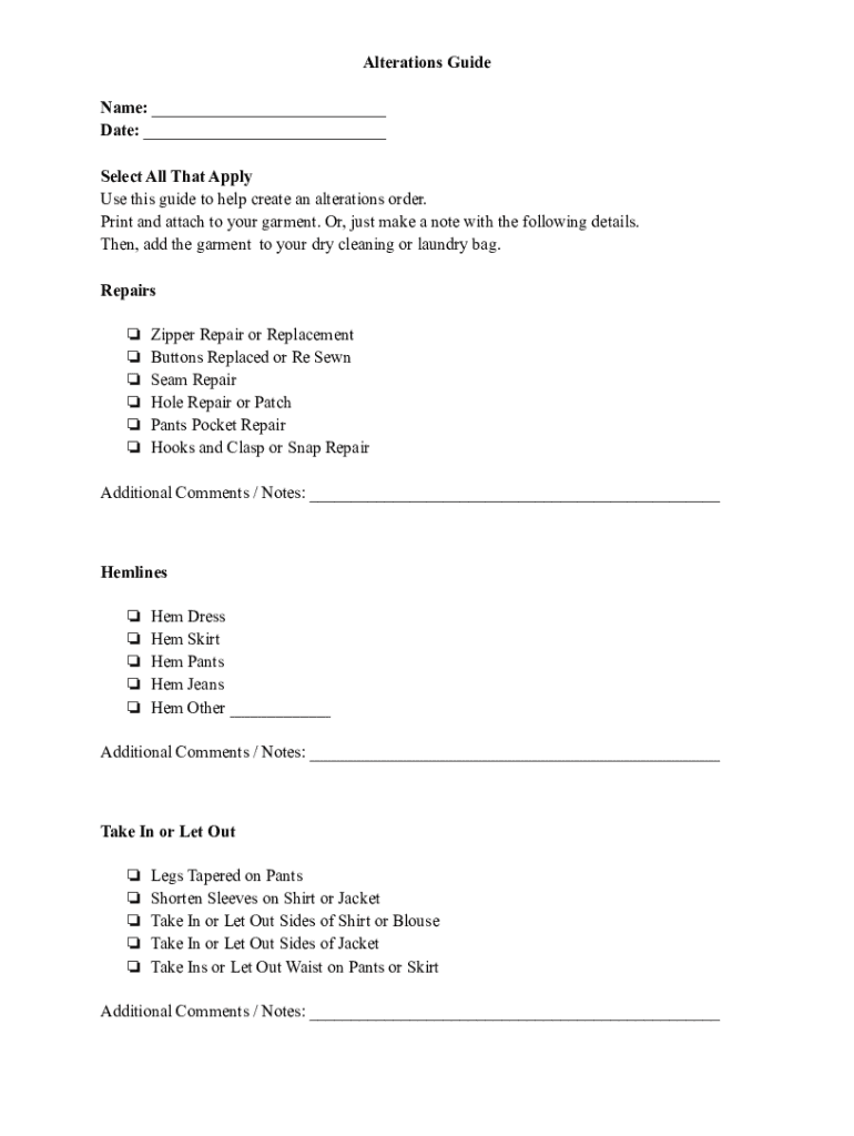Fillable Online Alterations Guide PDF Fax Email Print - pdfFiller