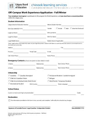 Fillable Online Chinook Learning Services Off-Campus Work Experience ...