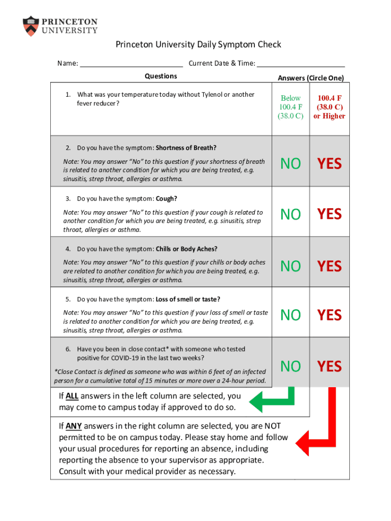 Fillable Online ehs princeton Daily Symptom CheckPaper Form.docx Fax ...