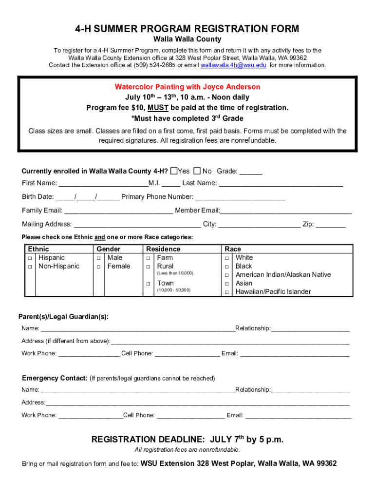 Fillable Online 4-H What's Cookin? CAMP REGISTRATION FORM July 22 Fax ...