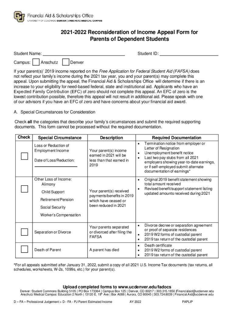 Fillable Online 2021-2022 Reconsideration of Income Appeal Form for Parents of ... Fax Email ...