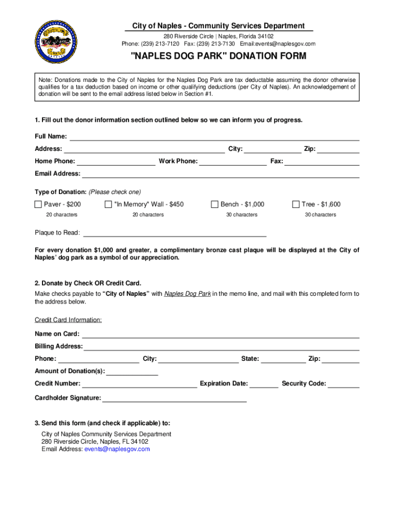 Fillable Online "NAPLES DOG PARK" DONATION FORM Fax Email Print - pdfFiller