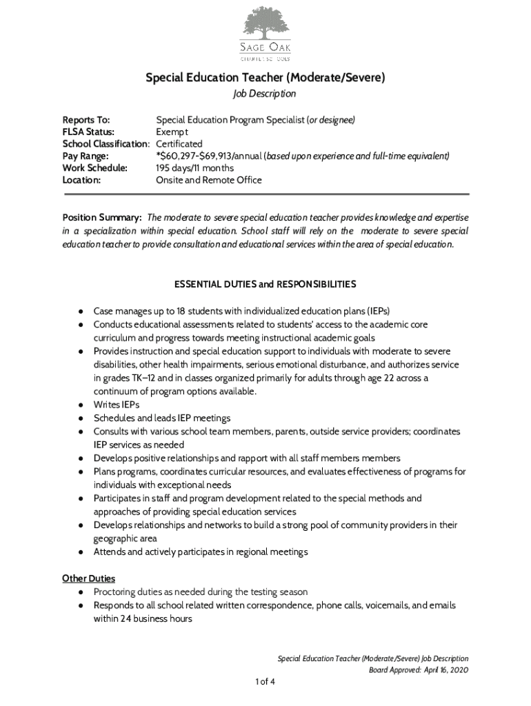 Fillable Online 1 Job Description: Special Education Inclusion Teacher ...