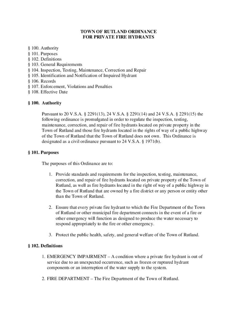 Fillable Online TOWN OF RUTLAND ORDINANCE FOR PRIVATE FIRE ... Fax ...