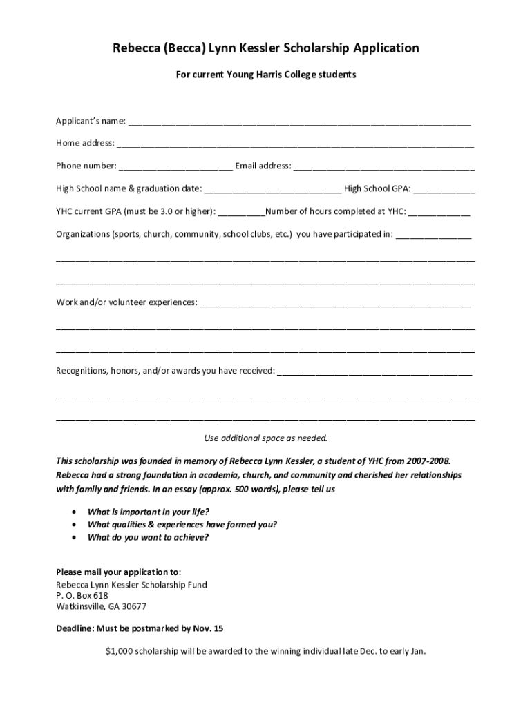 Fillable Online Rebecca (Becca) Lynn Kessler Scholarship Application Fax Email Print - pdfFiller