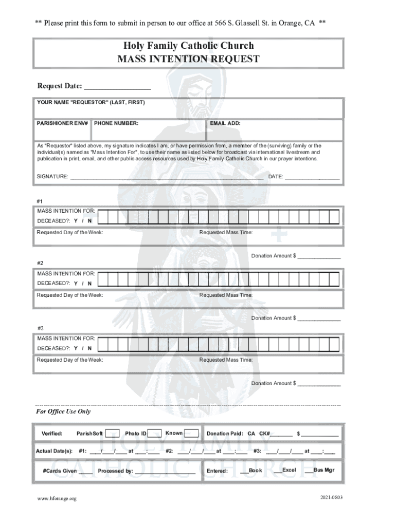 Fillable Online Holy Family Catholic Church MASS INTENTION REQUEST Fax ...