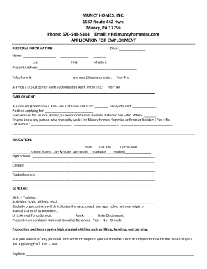 Fillable Online MUNCY HOMES, INC. 1567 Route 442 Hwy. Muncy, PA 17756 ...