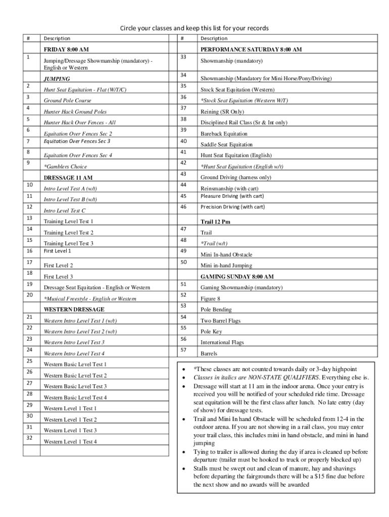 Fillable Online Circle your classes and keep this list for your records Fax Email Print - pdfFiller