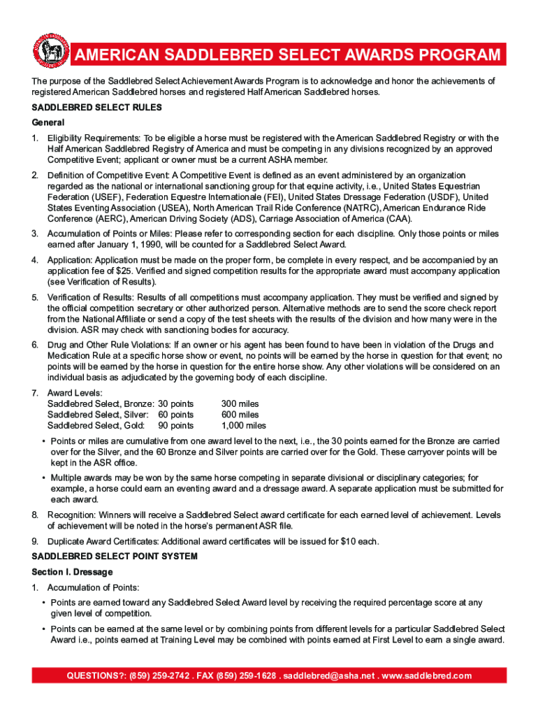 Fillable Online The purpose of the Saddlebred Select Achievement ...