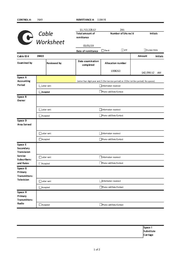 Fillable Online Cable Worksheet Fax Email Print - pdfFiller