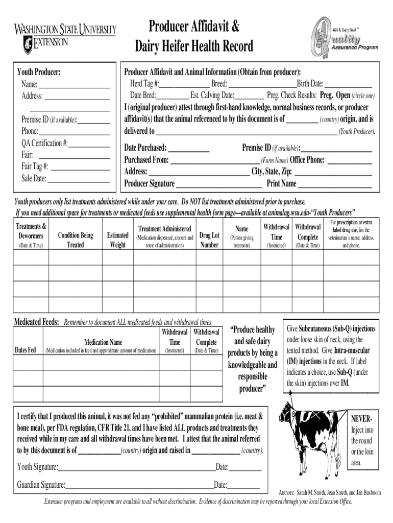 Fillable Online Da Produce airy Heife er Affidav er Health vit & Record ...