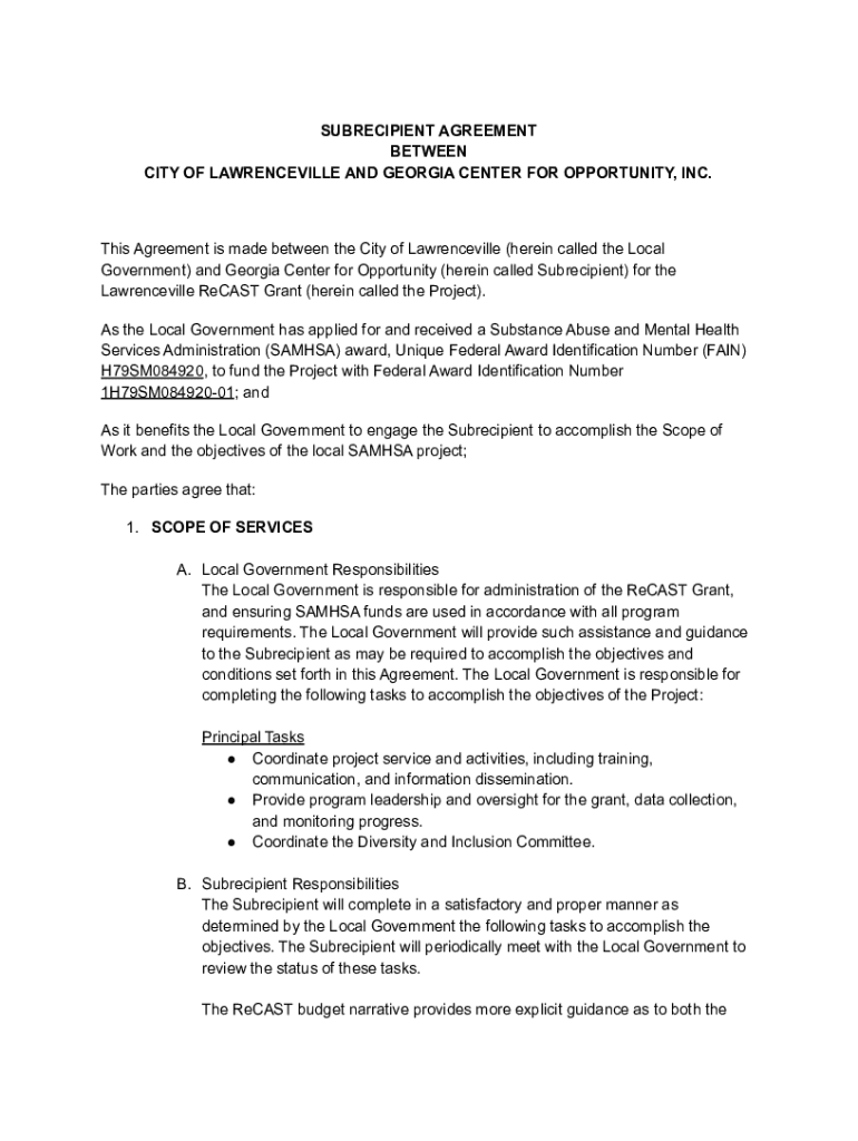 Fillable Online subrecipient agreement for use of Fax Email Print ...