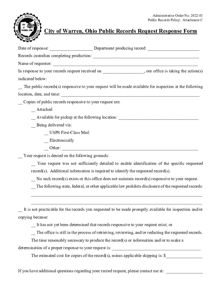 Fillable Online City of Warren, Ohio Public Records Request Response ...