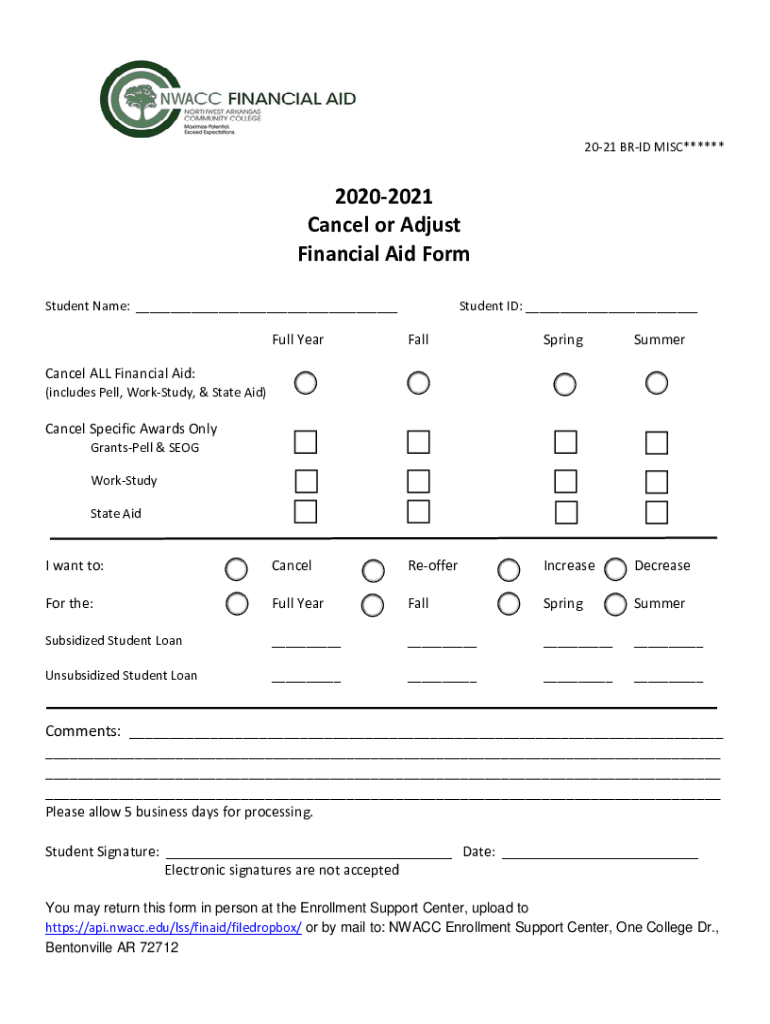 Fillable Online 2020-2021 Cancel or Adjust Financial Aid Form Fax Email ...