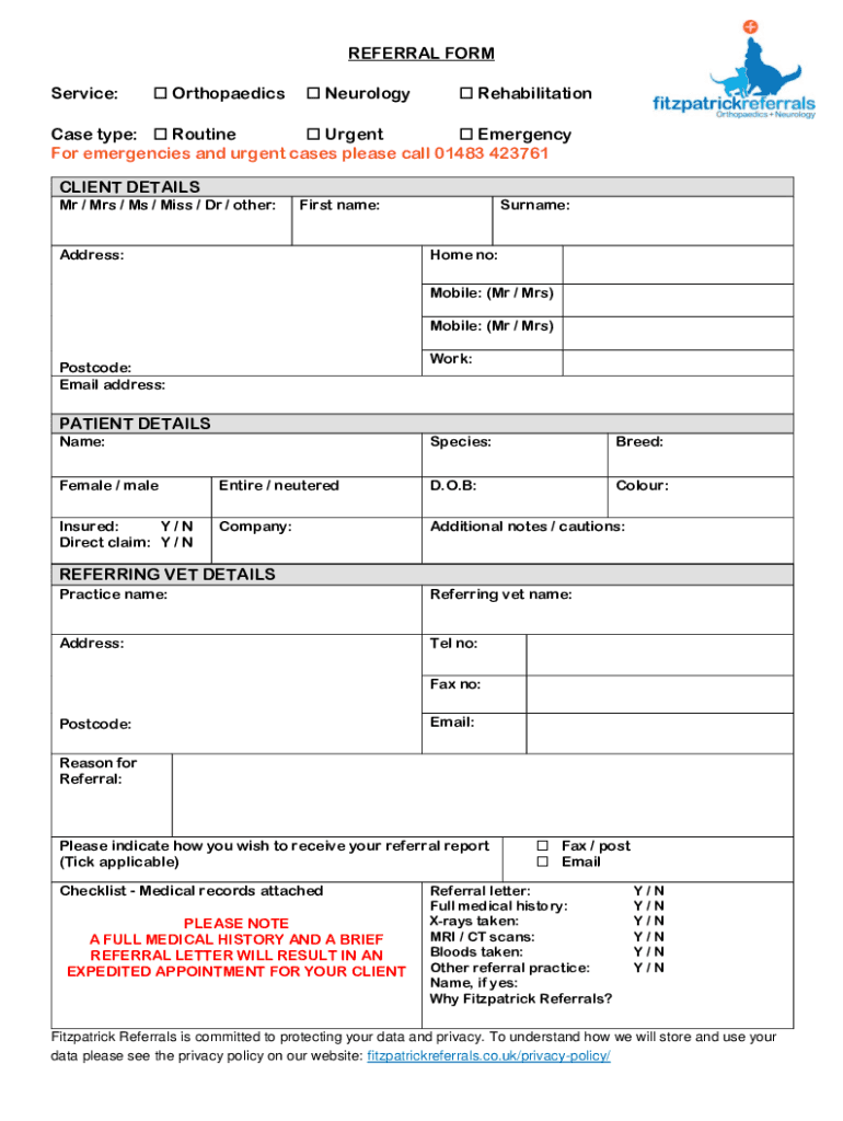 Fillable Online REFERRAL FORM Service:OrthopaedicsNeurology ... Fax ...