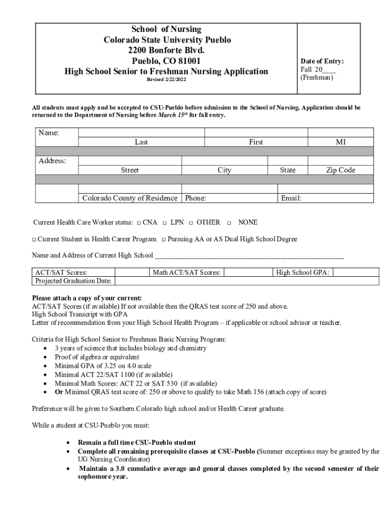 Fillable Online High School Senior to Freshman Nursing Application Fax ...
