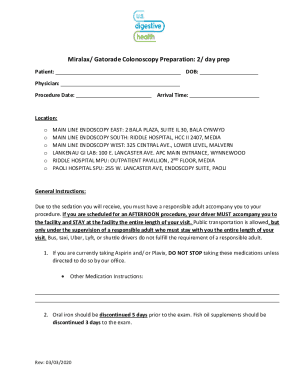 Fillable Online Miralax/ Gatorade Colonoscopy Preparation: 2/ day prep ...