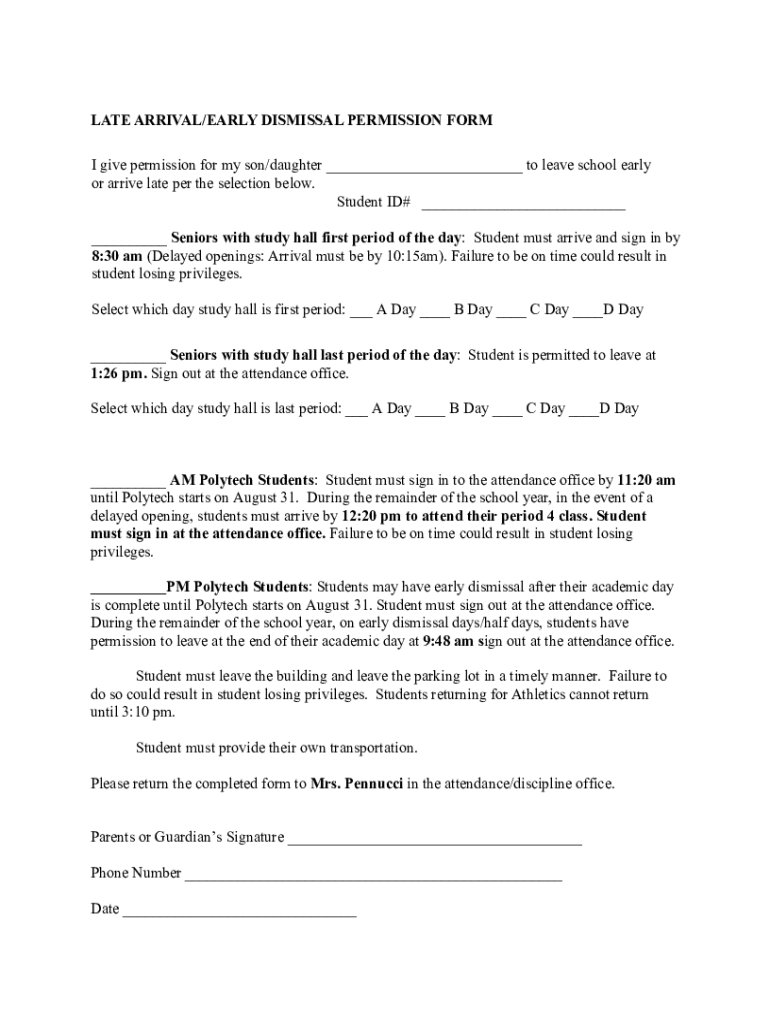 Fillable Online Absence, Early Dismissal, Late Arrival Attendance Form Fax Email Print - pdfFiller