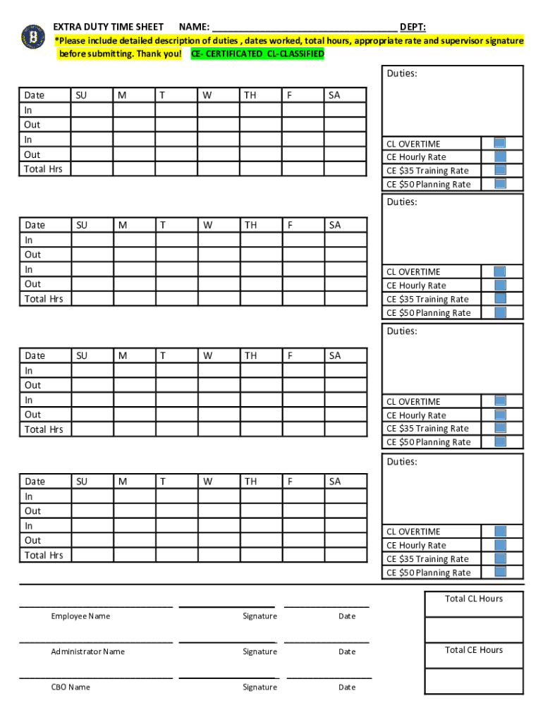 Fillable Online EXTRA DUTY TIME SHEET NAME Fax Email Print - pdfFiller