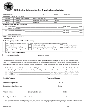 Fillable Online MISD Student Asthma Action Plan & Medication ...