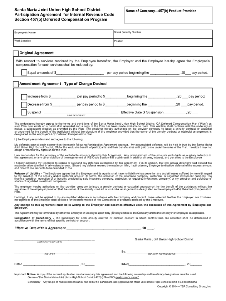 Fillable Online 457(b) Voluntary Salary Reduction Agreement Fax Email Print - pdfFiller
