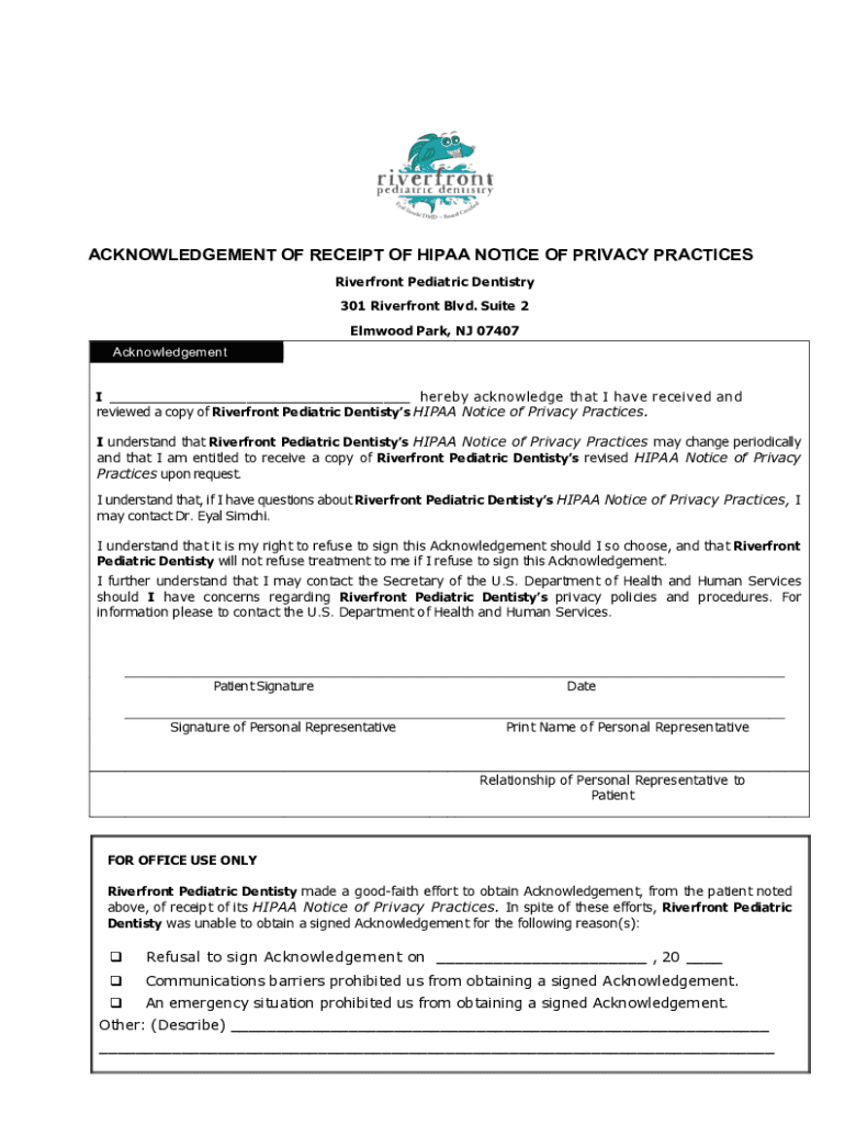 Fillable Online ACKNOWLEDGMENT OF RECEIPT OF HIPAA NOTICE OF ... Fax ...