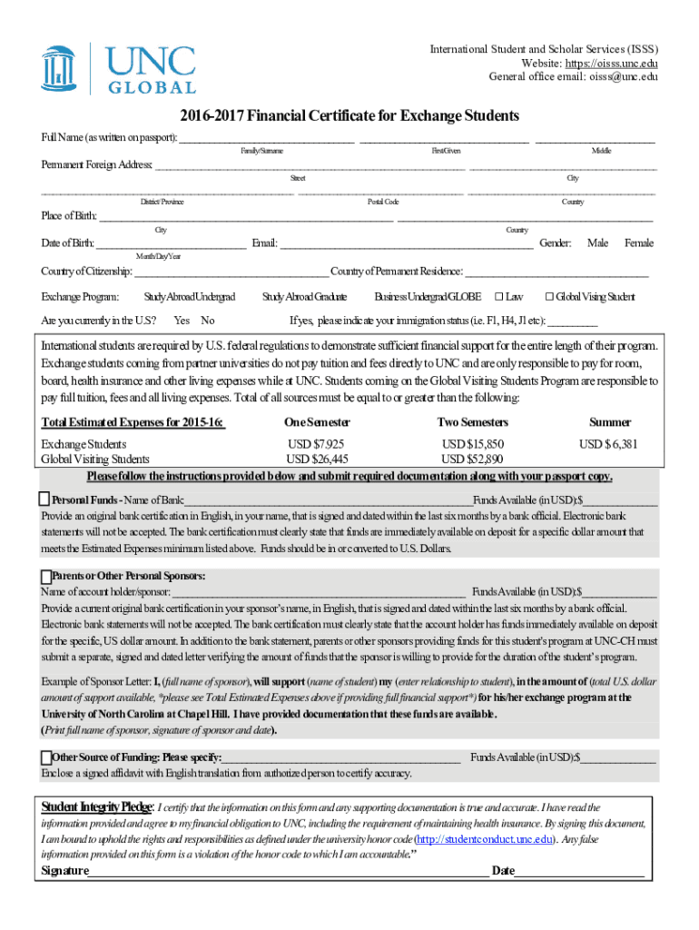 Fillable Online isss unc 2016-2017 Financial Certificate for Exchange ...