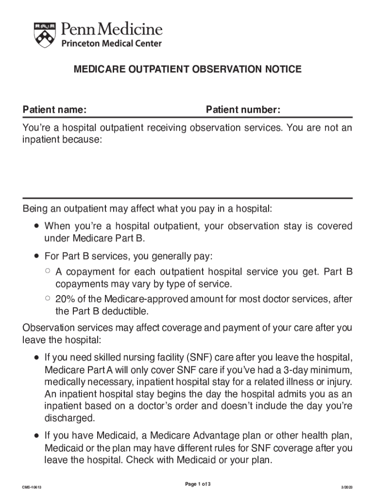 Fillable Online Fact Sheet Medicare Outpatient Observation Notice MOON